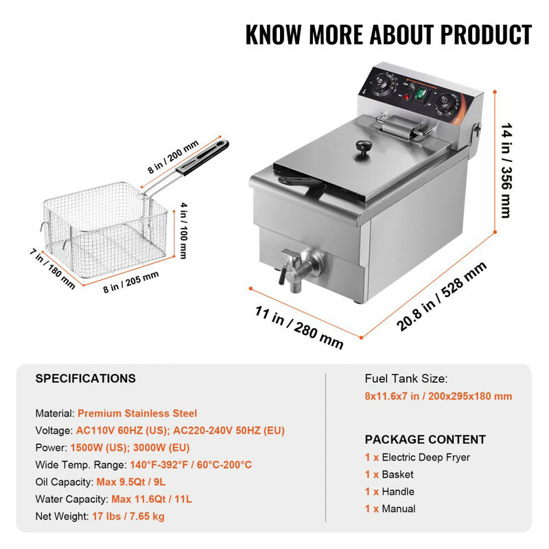 1500W Electric Countertop Deep Fryer with Basket, Single Tank Oil Fryer ...