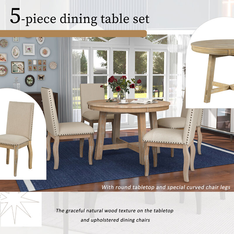 Merax 5-Piece Farmhouse Dining Table Set Wood Round Extendable Dining ...