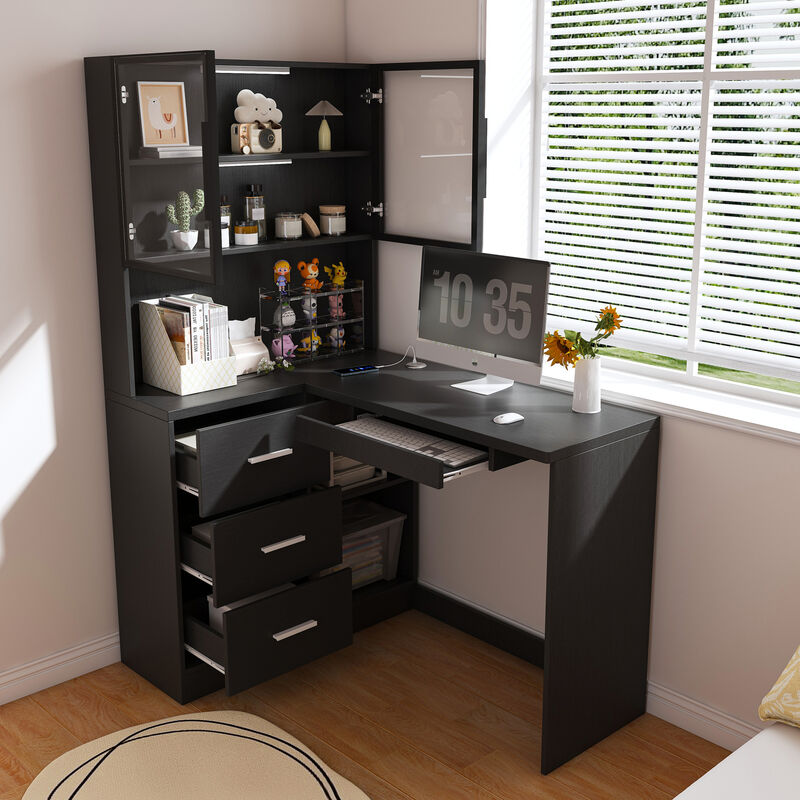 GOODSILO L-Shaped Corner Computer Desk with Glass Cabinets, LED ...